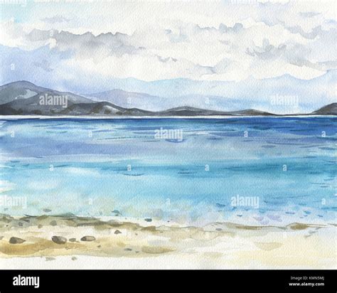 Ocean Landscape Sea Side Beach Beautiful Watercolor Hand Painting