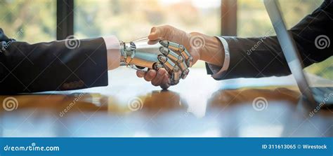 Robotic And Human Handshake Representing Ai And Human Collaboration Ai Generated Stock