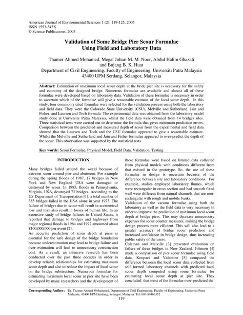 Pdf Validation Of Some Bridge Pier Scour Formulae Using Field And Laboratory Data