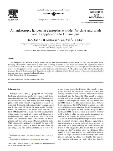 Pdf An Anisotropic Hardening Elastoplastic Model For Clays And Sands And Its Application To Fe