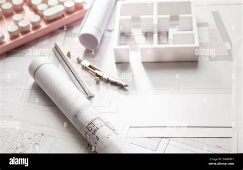 Female Architect Engineer Office Desk Blueprint Plans Building Project Architectural Design