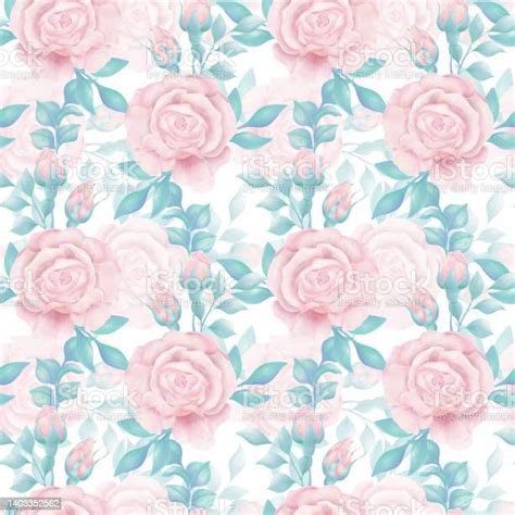 흰색 배경에 분홍색 장미 가지 새싹 청록색 잎의 꽃 이음새가 없는 패턴 꽃 식물에 대한 스톡 벡터 아트 및 기타 이미지 꽃 식물 반복 요소 수채화 Istock