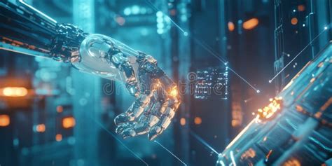 A Futuristic Ai Powered Industrial Automation System Featuring Glowing Cybernetic Robotic Arms