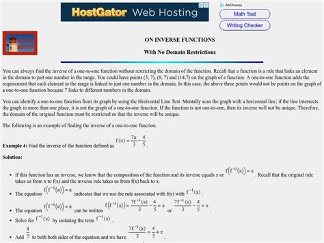 Sos Math Inverse Functions With No Domain Restrictions Handout For