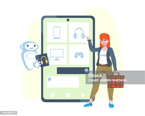 바구니를 들고 휴대폰 화면 근처에 서서 가제트를 고르는 젊은 아가씨 가격에 대한 스톡 벡터 아트 및 기타 이미지 가격 가방 고객 Istock