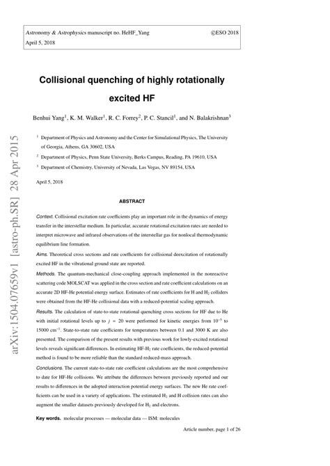 Pdf Collisional Quenching Of Highly Rotationally Excited Hf