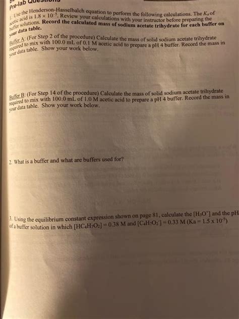 Solved 1 Use The Henderson Hasselbalch Equation To Perform