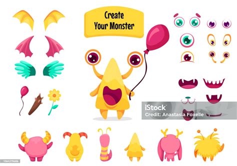 당신의 괴물을 만들고 귀여운 외계인과 재미있는 생물을 수집합니다 모든 요소와 신체 부위와 만화 캐릭터 생성 키트 벡터 자식 일러스트레이션 창의력에 대한 스톡 벡터 아트 및