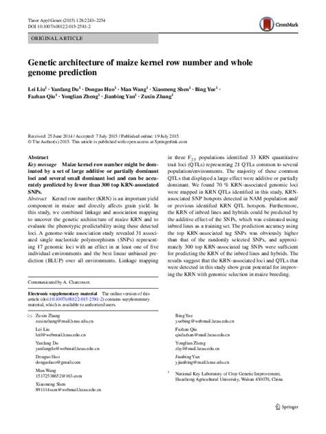 Pdf Genetic Architecture Of Maize Kernel Row Number And Whole Genome