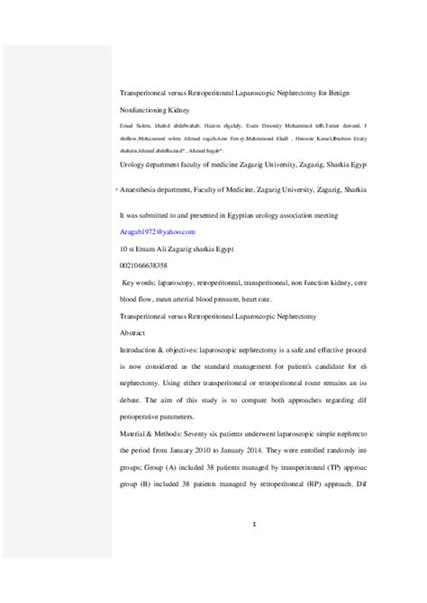 Pdf Transperitoneal Versus Retroperitoneal Laparoscopic Nephrectomy For Benign Nonfunctioning