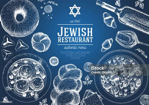 유대인 요리 상단 보기 프레임 유대인 음식 메뉴 칠판 디자인 코셔 음식 빈티지 손으로 그린 스케치 벡터 일러스트 선형 그래픽 코셔에 대한 스톡 벡터 아트 및 기타 이미지