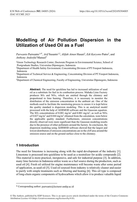 Pdf Modelling Of Air Pollution Dispersion In The Utilization Of Used Oil As A Fuel
