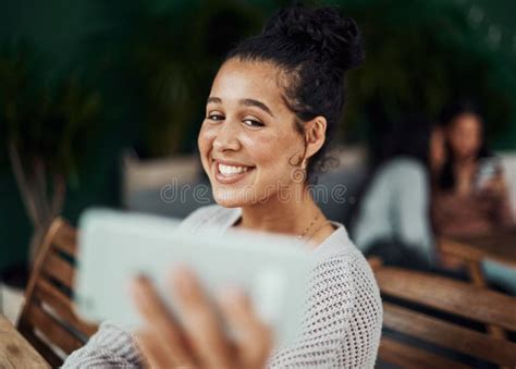 Girl Teenager And Selfie With Smile At Restaurant For Post Video Or