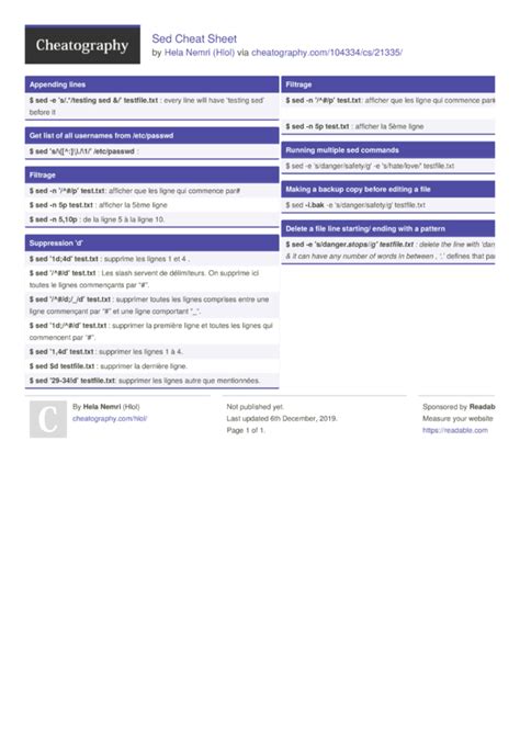 Sed Cheat Sheet By Hlol Download Free From Cheatography Cheat Sheets For