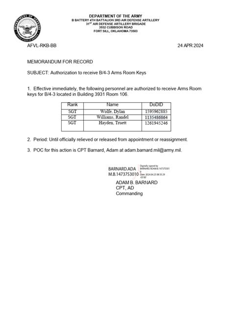 B 4 3 Arms Room Key Receive Memo Pdf