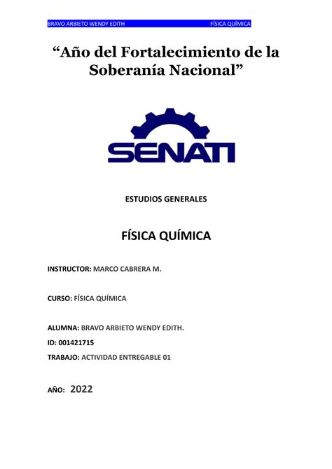 Activid Entregable Fisica Quimica Año Del Fortalecimiento De La Soberanía Nacional Año Del