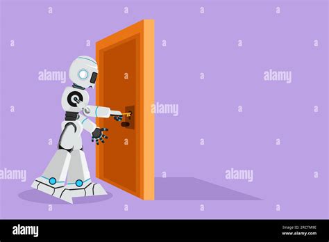 Cartoon Flat Style Drawing Robot Inserts Key Into Keyhole Which Is On