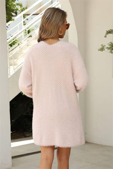 Herringbone Pattern Open Front Longline Fuzzy Cardigan Luis Shop