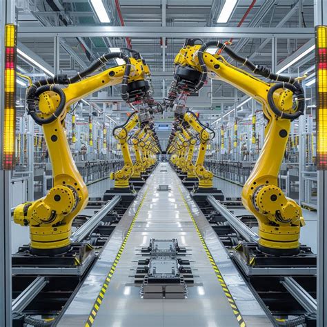 Automated Assembly Line With Yellow Robotic Arms In High Tech Factory Stock Image Image Of