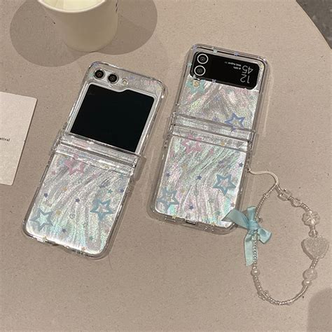 실버 오로라 필름 별 스타 투명 힌지 보호 갤럭시 지플립5 지플립4 지플립3 Zflip 5 4 3 비즈 스트랩 케이스 에이블리