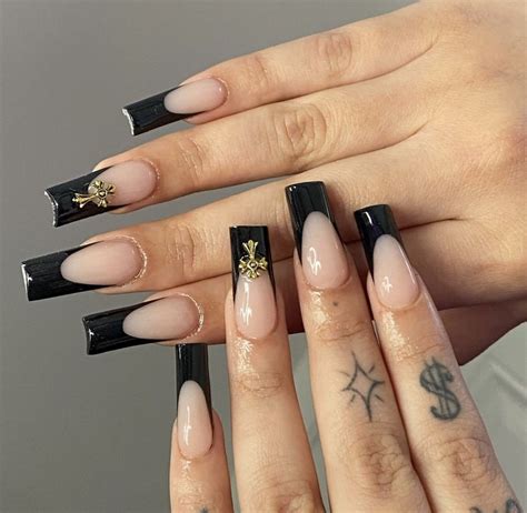 Black French Tip Acrylics French Tip Acrylic Nails Tapered Square Nails Nail Jewelry