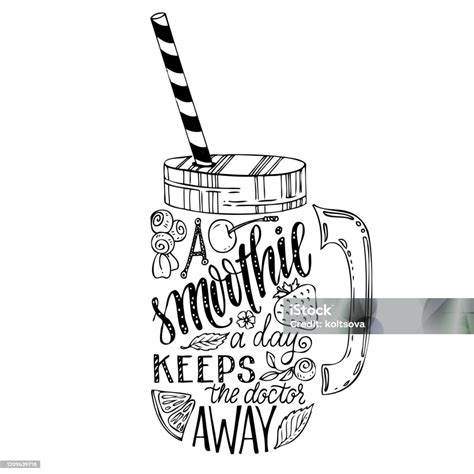 메이슨 항아리 실루엣의 스무디의 손으로 그린 일러스트 창의적인 슬로건이 있는 타이포그래피 포스터 속담 하루 스무디는 의사를 멀리