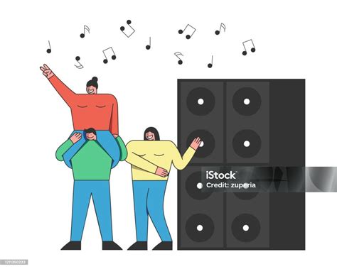 댄스 파티 개념입니다 세 친구는 디스코 음악 클럽에서 재미와 춤을 가지고있다 노트와 배경에 큰 스피커 만화 윤곽선 선형 플랫