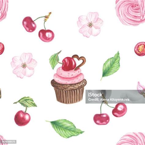 수채화 체리 컵케익 케이크 마시멜로 꽃과 잎 원활한 패턴 직물 섬유 벽지 스크랩북 의류 인쇄물 포장지에 대한 식물 삽화가 있는