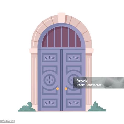 역사적 또는 오래된 성의 입구 건물 외관 및 건축 요소 조각과 장식품이있는 고립 된 문 플랫 스타일의 벡터 0명에 대한 스톡 벡터 아트 및 기타 이미지 Istock