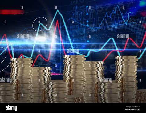 Stack Of Gold Coins Over Digital Interface With Data Processing Against