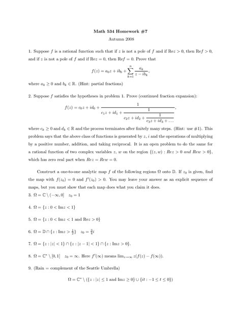 Analytic Functions And Complex Variables Homework Problems Assignments Mathematics Docsity