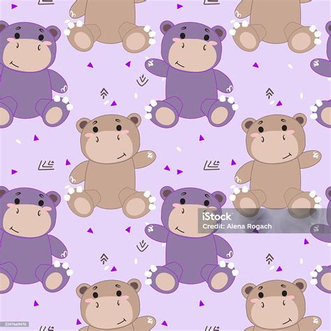 밝은 자주색 배경에 회색과 보라색의 두 개의 봉제 하마가 있는 완벽한 패턴입니다 아동용 섬유 벽지 포장지 및 인쇄를 위한 귀여운