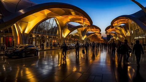 Modern Architectural Structures With Golden Curved Roofs Glowing At Dusk Stock Illustration