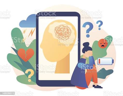 스마트폰 근처에 앉아 있는 우울한 여자 우울증 정신적 정신 건강 및 심리 치료 개념입니다 불안 스트레스 정서적 소진 기타 심리적 문제 현대 평면 만화 스타일입니다 벡터 강박