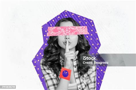 창조적 인 사진 콜라주 영상 젊은 여자 보여 주다 침묵 몸짓 차단 눈 시력 시력 음모 닥치다 그림 배경 20 24세에 대한 스톡 사진 및 기타 이미지 Istock