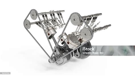 내부 연소 엔진의 3d 렌더링입니다 엔진 부품 크랭크축 피스톤 연료 공급 시스템 크랭크축 흰색 절연 된 V6 엔진 피스톤입니다 자동차 엔진 내부의 그림입니다 3차원 형태에