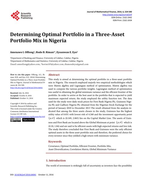 Pdf Determining Optimal Portfolio In A Three Asset Portfolio Mix In