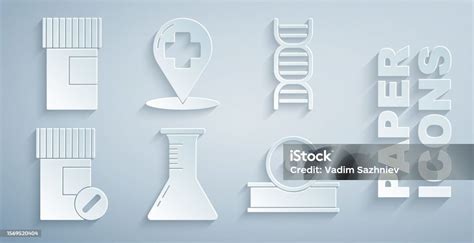시험관과 플라스크 Dna 기호 약병 알약 이비인후과 머리 반사경 교차 병원 및 아이콘이 있는 지도 포인터를 설정합니다 벡터 3차원 형태에 대한 스톡 벡터 아트 및 기타