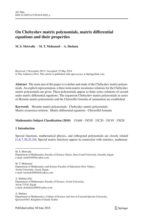 Pdf On Chebyshev Matrix Polynomials Matrix Differential Equations