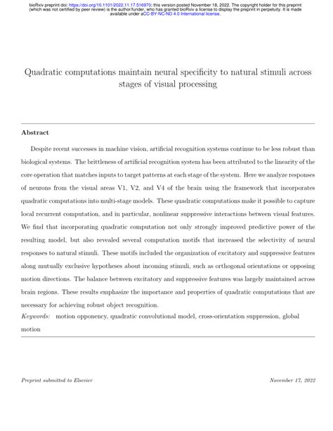 Pdf Quadratic Computations Maintain Neural Specificity To Natural Stimuli Across Stages Of