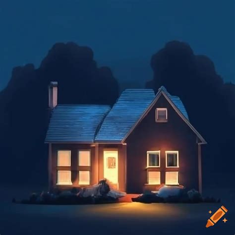 Suburban House At Night With Lights On On Craiyon