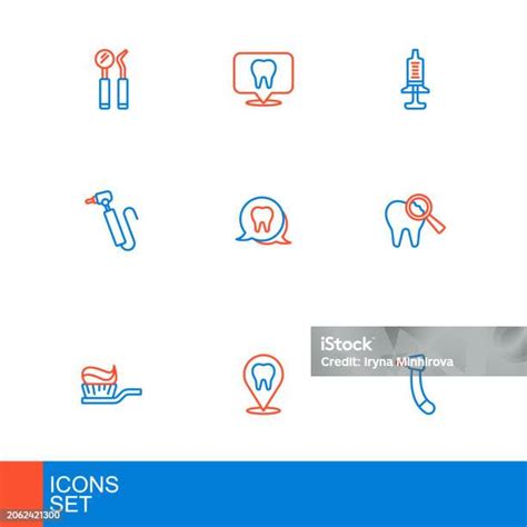 라인 설정 치아 드릴 치과 진료소 위치 치약이 든 칫솔 깨진 주사기 및 아이콘 벡터 건강 진단에 대한 스톡 벡터 아트 및 기타