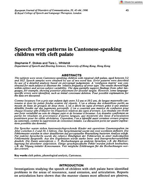 Intl J Lang Comm Disor January 1996 Stokes Speech Error Patterns