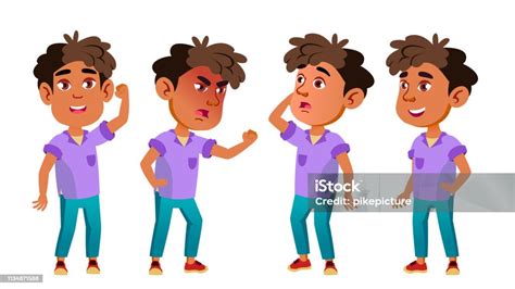 아랍 무슬림 소년 유치원 아이 포즈 벡터를 설정 합니다 꽤 긍정적인 아기 레저 엽서 발표회 표지 디자인에 고립 된 만화 일러스트 가리기에 대한 스톡 벡터 아트 및 기타