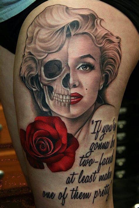 Half Face Of Marilyn Monroe And Half Face Of Skeleton Tattoo Art On Leg
