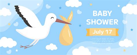 벡터 베이비 샤워 초대장 템플릿입니다 파란 배경에 아기와 함께 있는 만화 유치한 비행 황새 가로 배경 전단지 행사 브로셔 베이비샤워에 대한 스톡 벡터 아트 및 기타 이미지