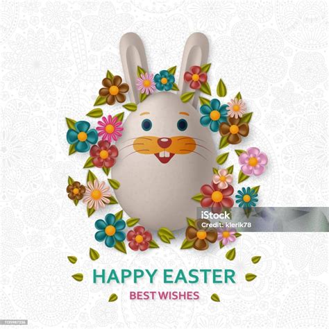 흰 토끼 치킨 계란과 꽃 귀여운 부활절 배경입니다 화려한 벡터 일러스트입니다 3차원 형태에 대한 스톡 벡터 아트 및 기타 이미지