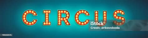 서커스 빈티지 카드 조명 전구와 복고풍 간판 빛나는 전구와 복고풍 글꼴의 디자인 어두운 배경에 벡터 3d 그림입니다 재미 공정한 벡터 포스터입니다 놀이 공원에 대한 스톡