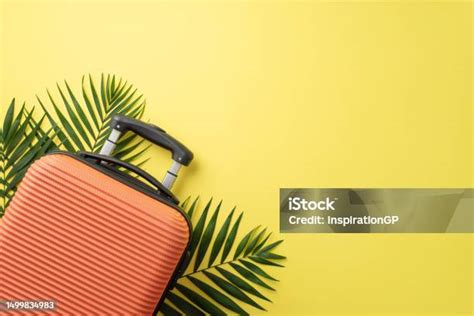 여름 여행 아이디어 주황색 여행 가방의 평면도와 생생한 노란색 배경에 야자수 잎이 있어 텍스트나 광고를 위한 빈 공간을 제공합니다 0명에 대한 스톡 사진 및 기타 이미지