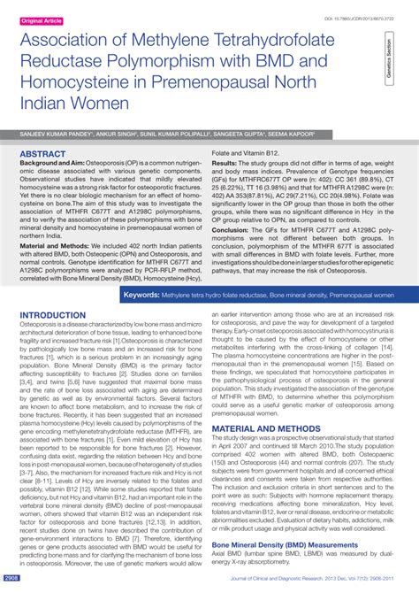 Pdf Association Of Methylene Tetrahydrofolate Reductase Polymorphism With Bmd And Homocysteine